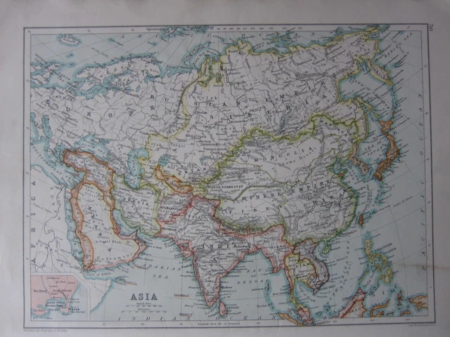 1900 ANTIQUE MAP ~ Asia Arabia India Persia Tibet Mongolia China ...