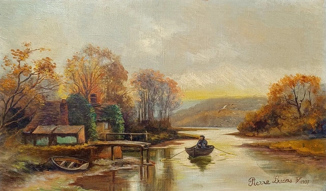 TABLEAU PAYSAGE HOMME à la barque Pierre Lucas 1937 - Peinture style ...