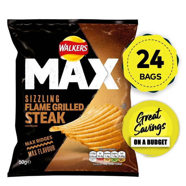 WALKERS MAX CRISPS Sizzling Flame Grilled Steak Flavour 24 x 50g £20.52 ...