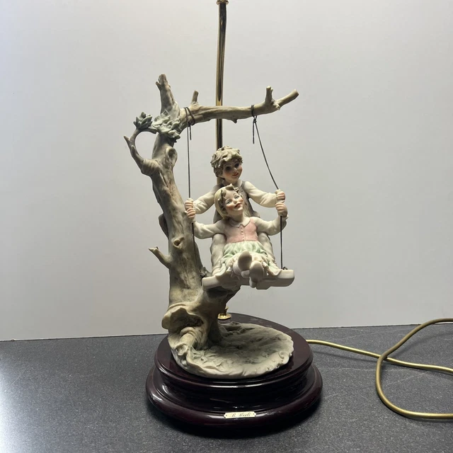 LARGE CAPODIMONTE GIRL & Boy Tree Swing Table Lamp Wood Plinth Signed B ...