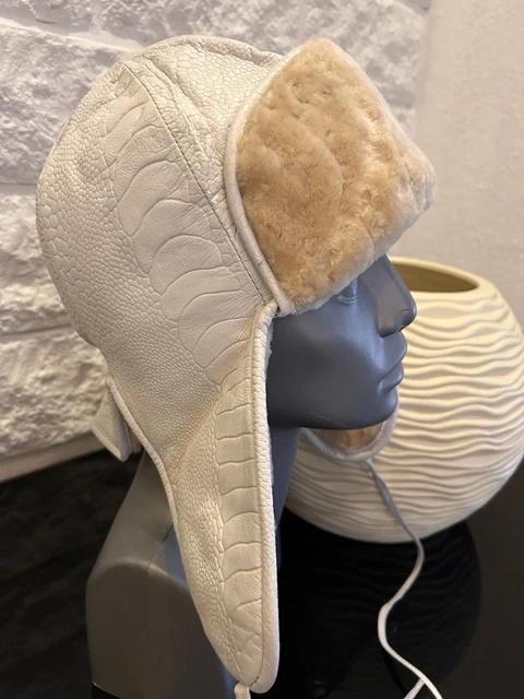 PILOTENMÜTZE, FELLMÜTZE, TRAPPERMÜTZE Neu Leder, Echtfell Weiß/ Beige ...