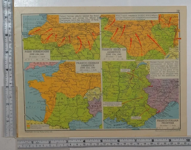 1941 WW2 MAPPA Paris Surrenders Francia ~ Franco-Italian Frontier ...