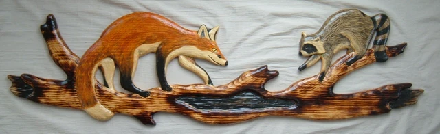 RED FOX AND Raccoon Wood Carving Chainsaw Cabin Decor Wall Art £357.38 ...