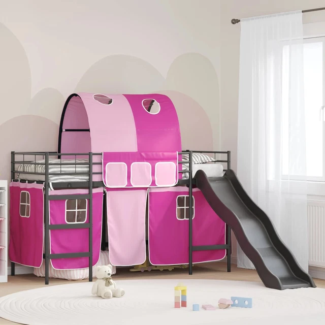 WALPLUS KIDS' LOFT Bed Frame with Curtains Arch Slide Black and Pink ...