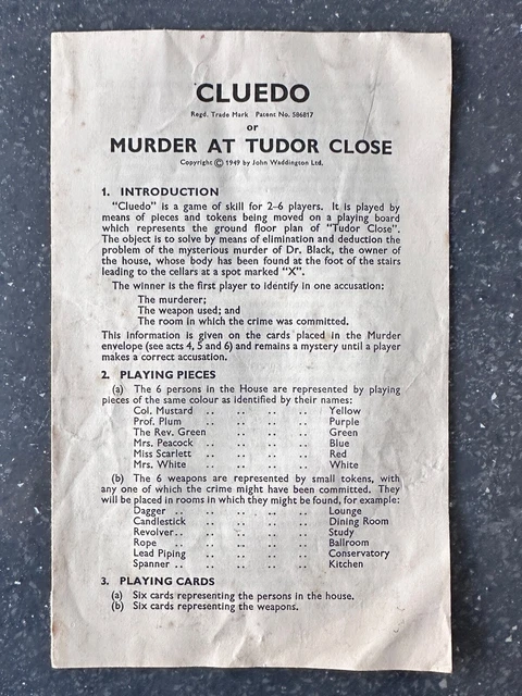 CLUEDO 1950S 1960S Original BOARD GAME RULES INSTRUCTIONS Waddingtons £ ...