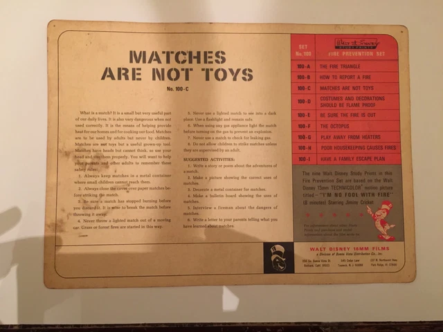 VINTAGE WALT DISNEY 16MM Films Safety Poster Matches Are Not Toys £14. ...