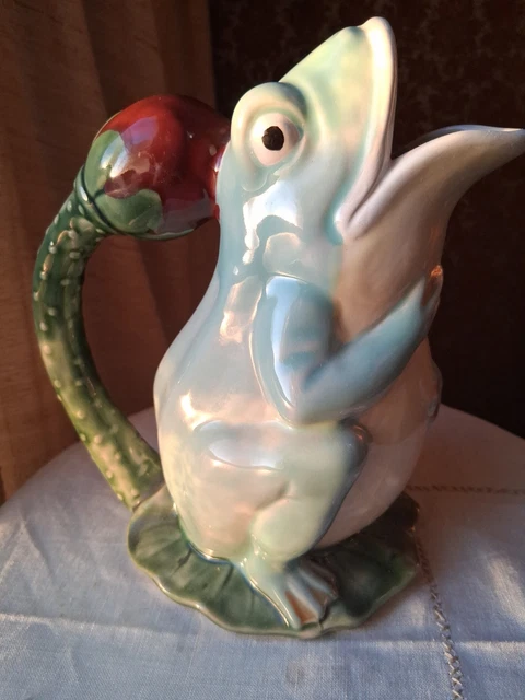 MAJOLICA POTTERY FROG Pitcher Jug with Flower Handle Vintage ...