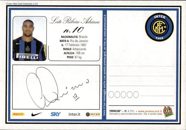 CARTOLINA CALCIO CALCIATORE Inter Adriano Leite Ribeiro con autografo ...