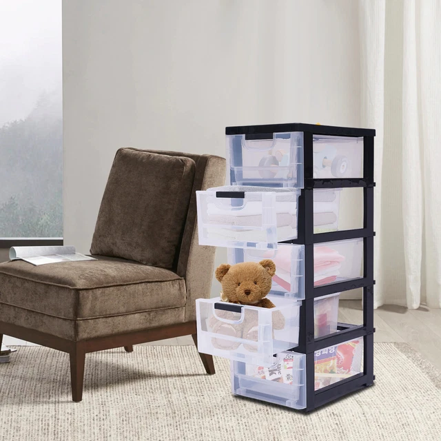 LARGE STACKABLE STORAGE Cabinet Transparent Dress Organizer 5 Drawers ...