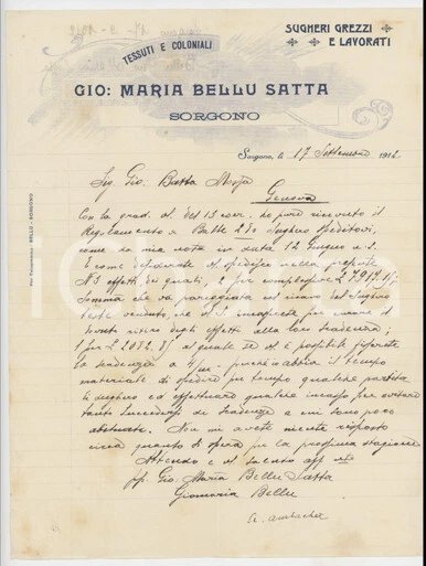 1912 SARDEGNA SORGONO (NU) Lettera Giovanni Maria BELLU SATTA Sugheri ...