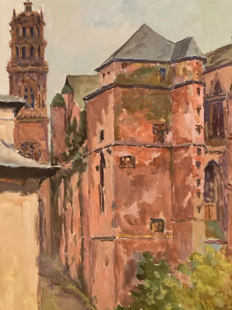 BEAUTIFUL DRAWING PAINTING paper Toulouse? Castle Gouache Church 1950 ...