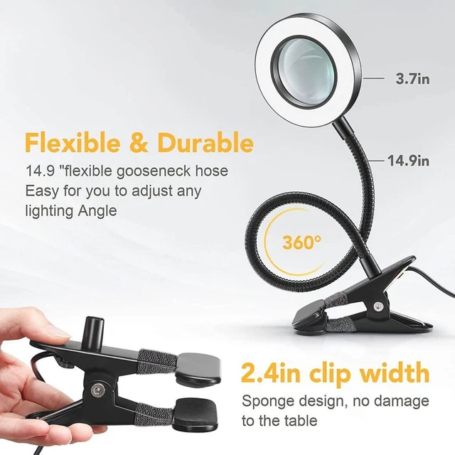 48 LED 5X Magnifier Clip-on Desk Table Magnifying Glass Lamp Dimmable ...