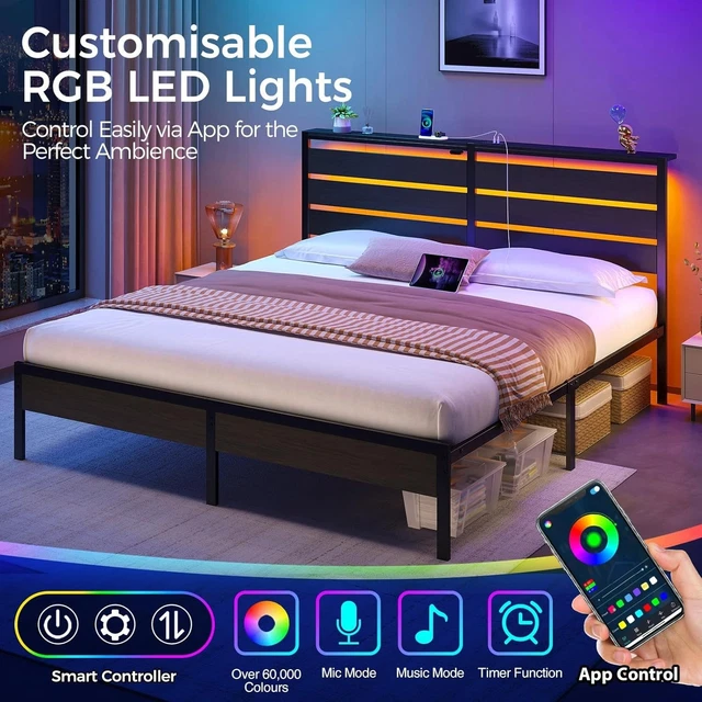5FT KING SIZE Bed Frame with LED Lights, 150x200cm Wood & Metal Bed £ ...