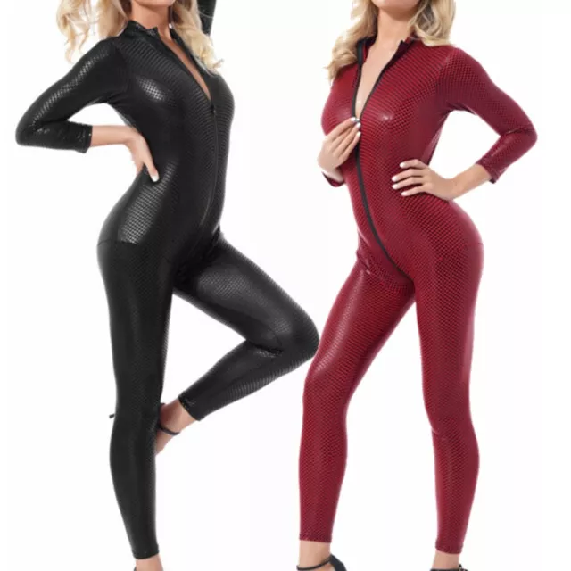 Women Wet Look Bodysuit Patent Leather Plaid Catsuit Long Sleeve Zipper