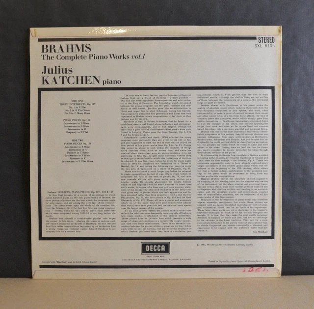 JULIUS KATCHEN - BRAHMS - Piano works vol.1 - WBg ED1 - DECCA SXL 6105 ...