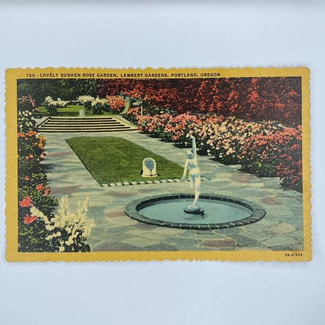 SUNKEN ROSE GARDEN Lambert Gardens Portland Oregon Linen Postcard ...