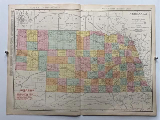 LARGE FORMAT 1905 COLOR Rand McNally Map Atlas Page 226&227 Railroads ...