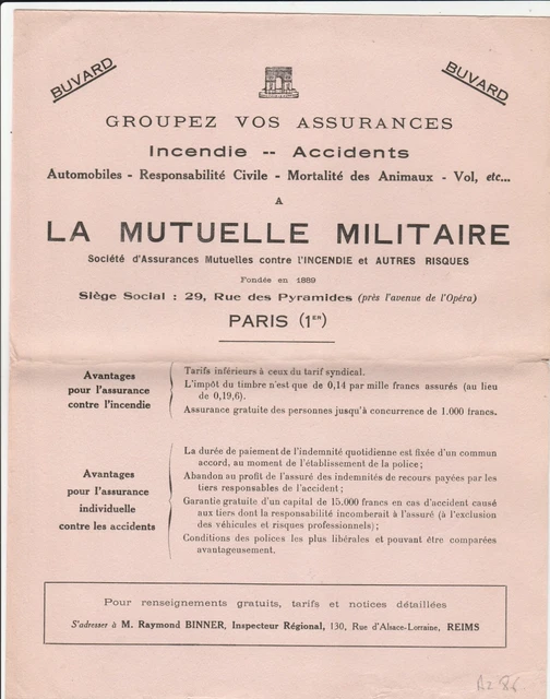 ANCIEN BUVARD LA MUTUELLE MILITAIRE Incendie et risques Agent R BINNER ...