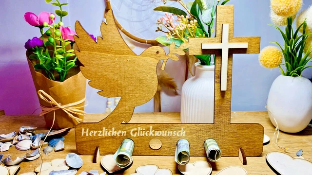 TAUFE GEBURT KOMMUNION Konfirmation Geldgeschenk Holz - Kreative mit Taube Kreuz EUR 12,90 ...