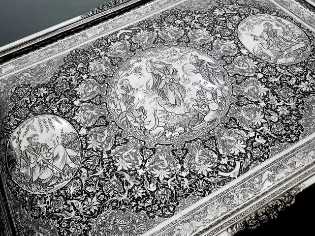 LARGE ANTIQUE ISLAMIC MIDDLE EASTERN SOLID SILVER TRAY BY MOHAMMAD ...