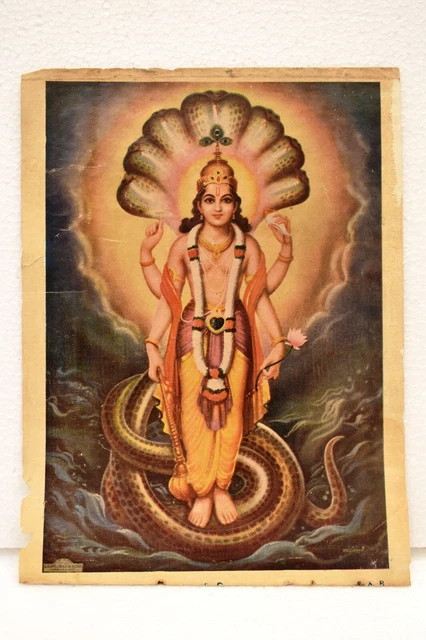 VINTAGE LITHOGRAPH PRINT Vishnu On Ananta Hindu God Mythology Religious ...