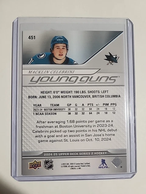 2024-25 UPPER DECK Macklin Celebrini Young Gun #451 $495.00 - PicClick CA