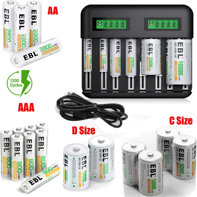 LOT EBL AA AAA C D Cell Rechargeable Batteries NI-MH 1.2V Battery or ...
