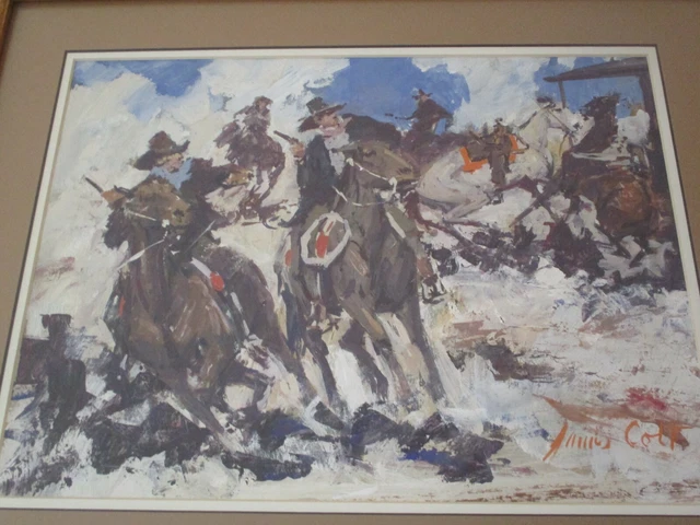 VINTAGE JAMES COLT Painting Western Gun Fight Cowboys Desert Landscape ...