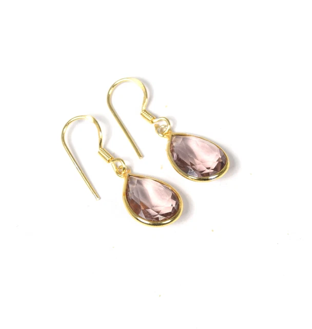 925 SOLID STERLING Silver 24ct Gold Overlay Cut Peach Quartz Earring ...