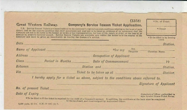 GREAT WESTERN RAILWAY Season Ticket App Form Official Vintage Ref 35536 ...