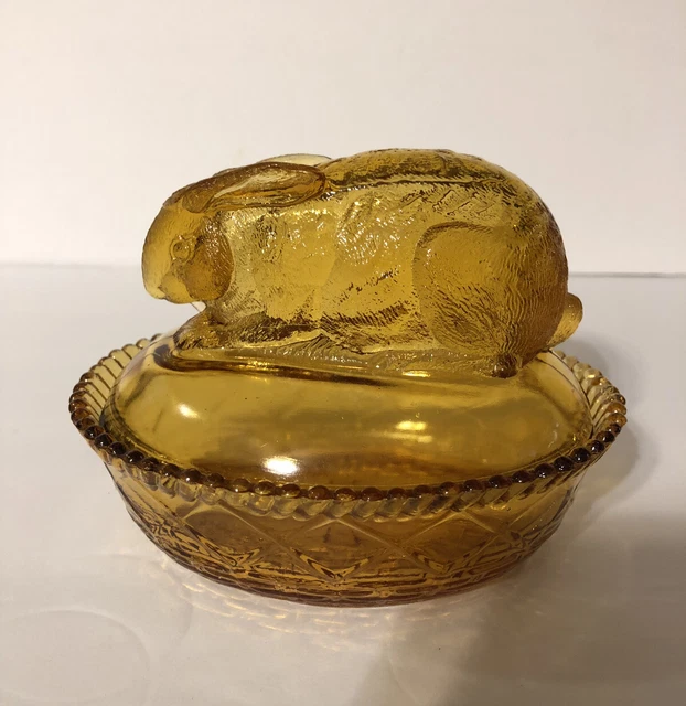 RARE ANTIQUE AMBER Greentown Glass Bunny Rabbit On Nest Covered Dish ...