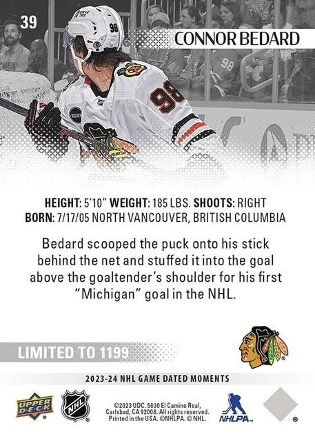 *PRÉVENTE* CARTE RC Connor Bedard Michigan Goal 2023-24 UD jeu daté ...