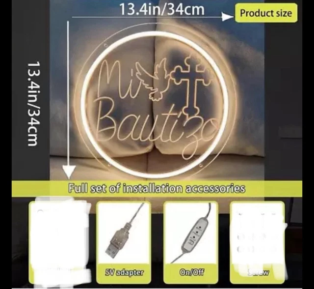 MI BAUTIZO BAPTISM LED Light Up Sign USB Plug Religion Decor 13.4"x13.4 ...