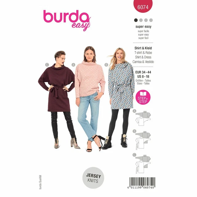 BURDA SUPER EASY SEWING PATTERN 6074 Misses Top & Dress With Roll Neck ...
