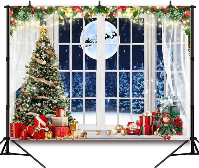 7X5 FT CHRISTMAS Snow Scene Backdrop with Red Window, Shiny Xmas Tree ...