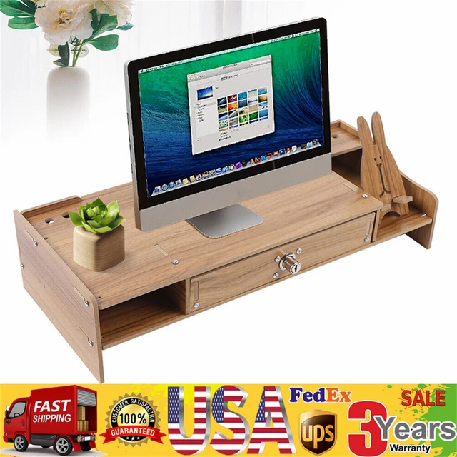 WOOD MONITOR RISER Drawer with Lock Computer Laptop PC Stand Desk ...