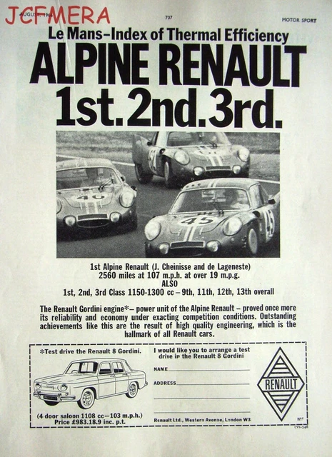 1966 ALPINE RENAULT (Gordini Engine) Motorsport Car ADVERT - Original ...