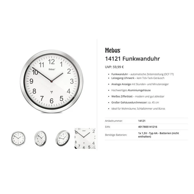HORLOGE RADIOPILOTÉE MEBUS 14121 radiopiloté(e) 45 cm aluminium ...