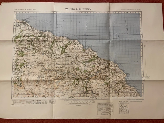 MAP OF WHITBY & Saltburn WW2 WAR 1940 Ordnance Survey Linen Backed ...