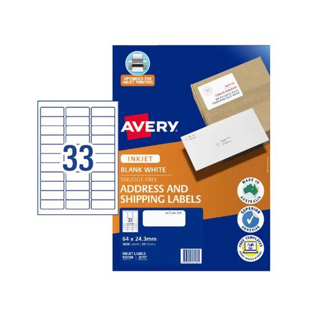 33 PER SHEET Avery Inkjet Blank White Permanent Adhesive Address and ...