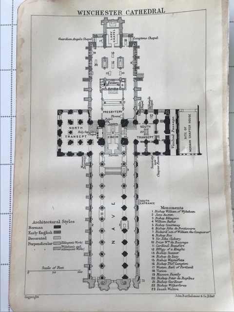 WINCHESTER CATHEDRAL, 1914 Antique Floor Plan Map, Hampshire ...