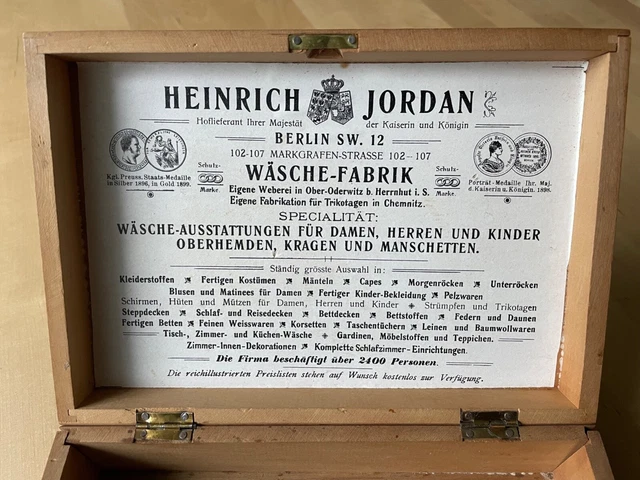 ANTIK ALTES HOLZKÄSTCHEN Werbung Wäsche-Fabrik HEINRICH JORDAN BERLIN ...