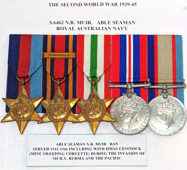 WW2 ROYAL AUSTRALIAN Navy medals HMAS CESSNOCK & TAMWORTH Seaman Muir ...