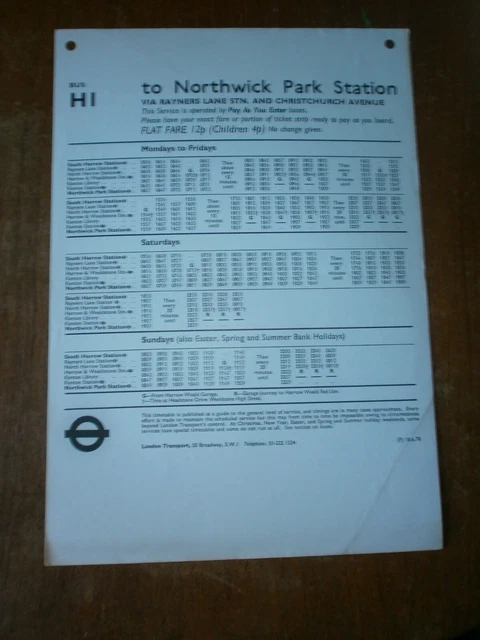 LONDON TRANSPORT BUS Stop Panel Timetable-Route H1, 1978 £1.00 ...