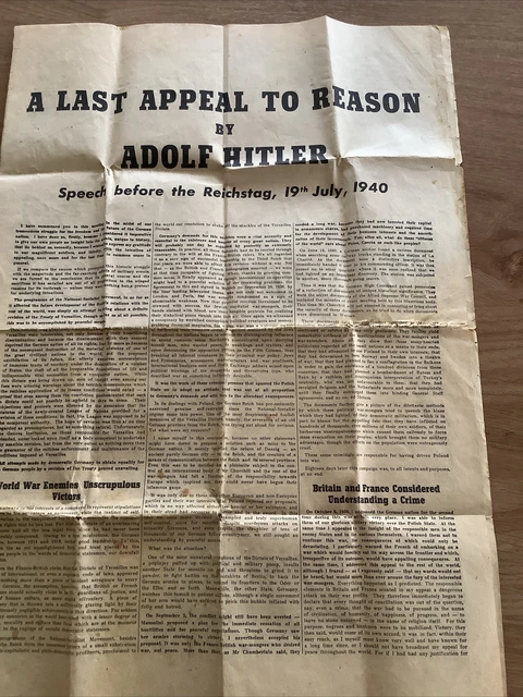 RARE NEWSPAPER FROM WW2 ADOLF HITLER SPEECH 19th July 1940 £22.70 ... RARE NEWSPAPER FROM WW2 ADOLF HITLER SPEECH 19th July 1940 £22.70 ...