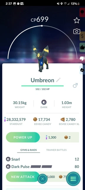 NON-SHINY NIGHT SCARF Umbreon Pokemon Trade GO -Registered or 30 Days ...