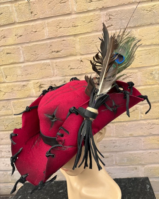 UNISEX RED DISTRESSED Tricorn Pirate Hat Renaissance Leather Feathers ...