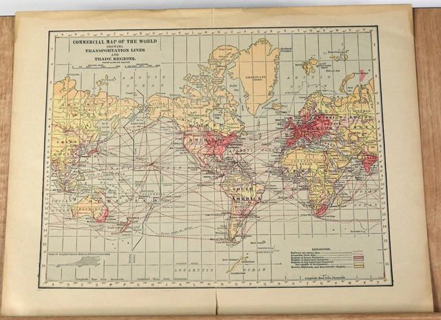 ANTIQUE COMMERCIAL MAP of the World Transportation Lines Trade Regions ...