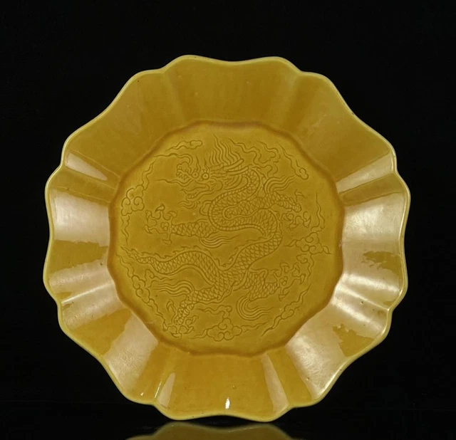 HONGZHI SIGNED OLD Chinese Yellow Glaze Porcelain Plate Dish w/dragon ...