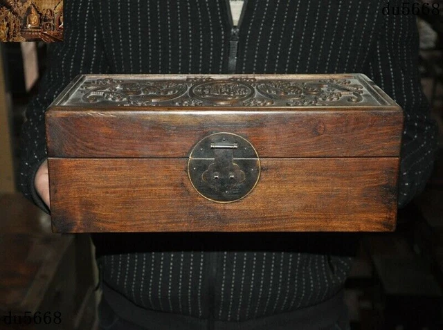 ANCIENT OLD CHINA Boxwood Wood carved wealth animal bat Storage Box ...